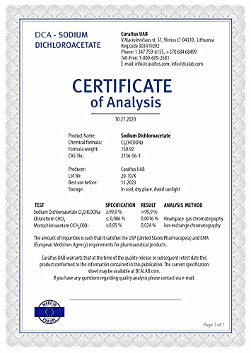 DCA - Sodium Dichloroacetate 333mg - Purity >99.9%, Made in Europe, by DCA-LAB, Certificate of Analysis Included, Tested in a Certified Laboratory, 180 Capsules