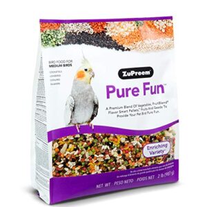 zupreem pure fun bird food for medium birds, 2 lb (pack of 2) - variety blend of vegetables, fruitblend pellets, fruit, seeds for lovebirds, quakers, small conures, cockatiels