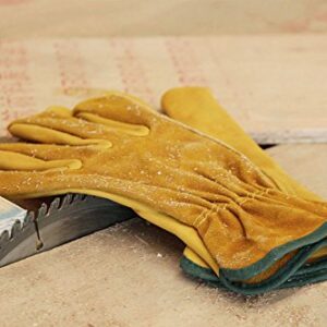 OZERO Leather Work Gloves Flex Grip Tough Cowhide Gardening Glove for Wood Cutting/Construction/Driving/Garden for Men and Women 1 Pair (Gold,Large)