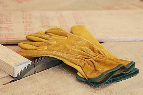 OZERO Leather Work Gloves Flex Grip Tough Cowhide Gardening Glove for Wood Cutting/Construction/Driving/Garden for Men and Women 1 Pair (Gold,Large)