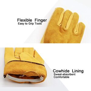 OZERO Leather Work Gloves Flex Grip Tough Cowhide Gardening Glove for Wood Cutting/Construction/Driving/Garden for Men and Women 1 Pair (Gold,Large)