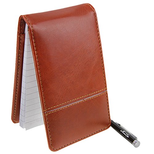 Small Pocket PU Leather Business Notebook Lined Memo Pad Holder Jotter Book Steno Notepad 3.5-Inch X 5.5-Inch Note Pad, Refillable, 8 Digital Calculator, Pen Holder Loop, Metal Ball Point Pen