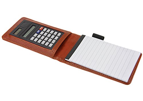 Small Pocket PU Leather Business Notebook Lined Memo Pad Holder Jotter Book Steno Notepad 3.5-Inch X 5.5-Inch Note Pad, Refillable, 8 Digital Calculator, Pen Holder Loop, Metal Ball Point Pen