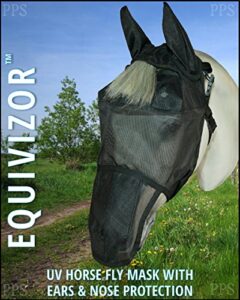 equivizor 95% uv eye protection (xl) horse fly mask with ears/nose. helps with uveitis, corneal ulcer, light sensitive, cancer, designed to stay on your horse, off the ground!