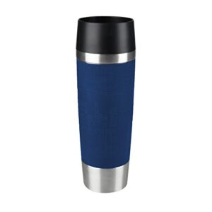 tefal travel mug grande, reusable drink bottle to go, quick press closure, blue silicone bottle sleeve, 500 ml