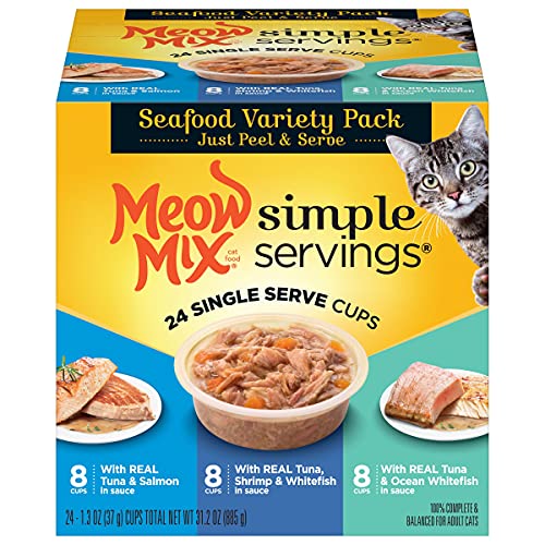 Meow Mix Simple Servings Wet Cat Food, Seafood Variety Pack, 1.3 Ounce Cup (Pack of 24)