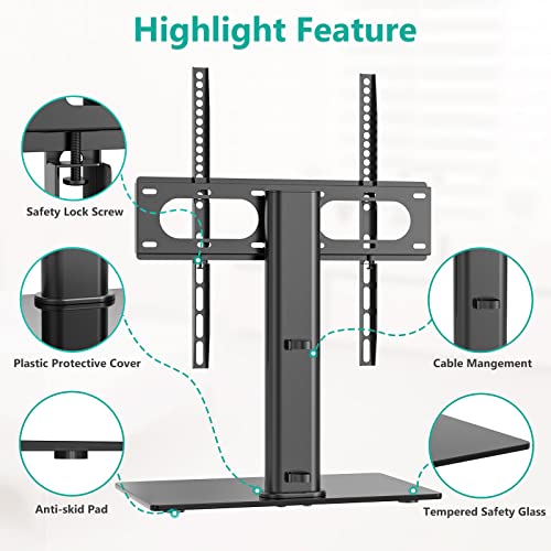 WALI Universal TV Stand, Table Top TV Stand for 32 to 47 inch Flat TV, Height Adjustable TV Mount with Tempered Glass Base and Security Wire, 88lbs Weight Capacity (TVDVD-01), Black