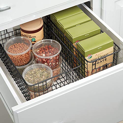 mDesign Slim Metal Wire Food Storage Organizer Basket with Handles for Organization in Kitchen Cabinets, Pantry Shelf, Bathroom, Laundry Room, Closets, Garage - Concerto Collection - Matte Black