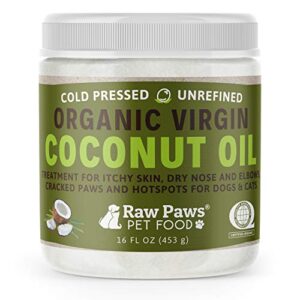 raw paws organic coconut oil for dogs & cats, 16-oz - treatment for itchy skin, dry nose, paws, elbows, hot spot lotion for dogs, natural hairball remedy for dogs & cats