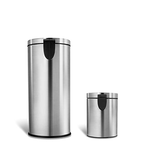 NINESTARS AMZ-CB-SOT-30-1/5-1 CB-SOT-30-1/5-1 Step-on Trash Can Combo Set, 8 Gal 30L & 1.2 Gal 5L, Stainless Steel Base (Round, Lid)