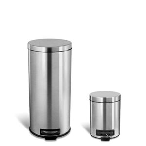 NINESTARS AMZ-CB-SOT-30-1/5-1 CB-SOT-30-1/5-1 Step-on Trash Can Combo Set, 8 Gal 30L & 1.2 Gal 5L, Stainless Steel Base (Round, Lid)