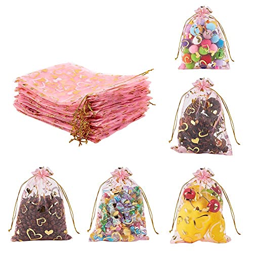 PH PandaHall 5x7 Inches Heart Organza Bags 100pcs Pink Jewelry Pouch Bags Mesh Drawstring Pouches Wedding Favors Bag Gift Bags for Mother Valentine's Day Breast Cancer Awareness Festival Christmas