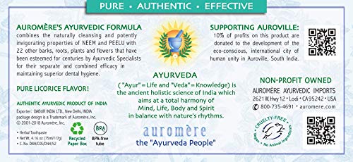 Auromere Ayurvedic Herbal Toothpaste, Mint Free - Vegan, Natural, Non GMO, Fluoride Free, Gluten Free, with Neem & Peelu (4.16 oz), 3 Pack