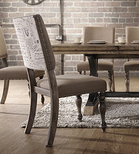 Roundhill Furniture Birmingham Script Printed Driftwood Finish Dining Chair with Nail head, Set of 2,