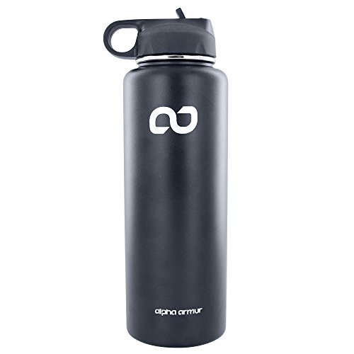 Alpha Armur 40 Oz (1.1L) Water Bottle Stainless Steel drinking flask Double Wall Vacuum Insulated stainless steel food flask Wide Mouth Bottle with Sports Lid flask stainless steel for beach, Black