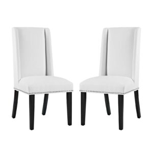 Modway Baron Modern Tall Back Wood Faux Leather Upholstered Two Dining Chairs in White