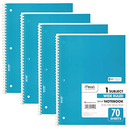 Mead Spiral Notebooks, 1 Subject, Wide Ruled Paper, 70 Sheets, 10-1/2 x 7-1/2 inches, Blue, 4 Pack (38400)