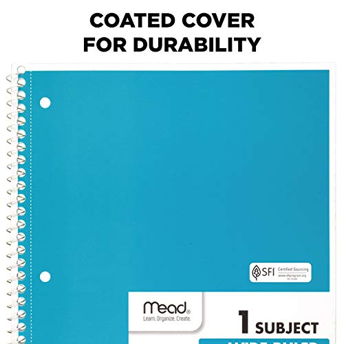 Mead Spiral Notebooks, 1 Subject, Wide Ruled Paper, 70 Sheets, 10-1/2 x 7-1/2 inches, Blue, 4 Pack (38400)