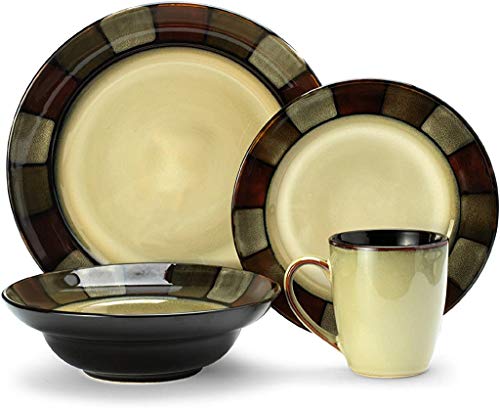 Pfaltzgraff Taos 16-Piece Stoneware Dinnerware Set, Service for 4,Beige/Olive