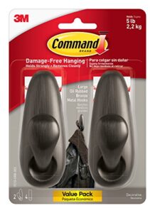 command forever classic large metal wall hooks, damage free hanging wall hooks with adhesive strips, no tools wall hooks for hanging decorations in living spaces, 2 metal hooks and 4 command strips