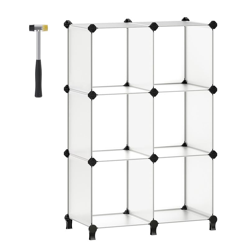 SONGMICS 6 Cube Storage Organizer, DIY Closet Shelf, Plastic Clothes Organizer, Modular Bookcase, 11.8 x 11.8 x 11.8 Inch Cubes, with Feet and Rubber Mallet, White ULPC06W