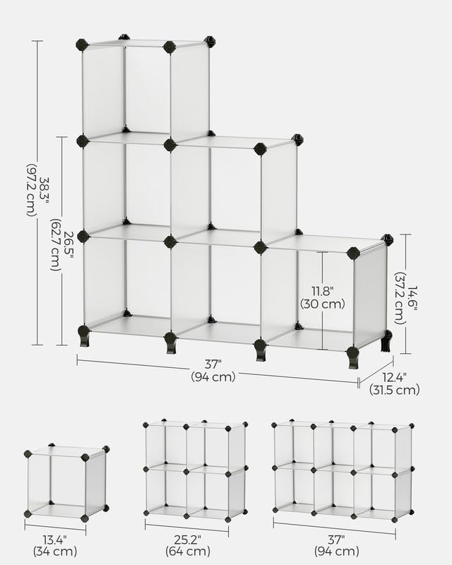 SONGMICS 6 Cube Storage Organizer, DIY Closet Shelf, Plastic Clothes Organizer, Modular Bookcase, 11.8 x 11.8 x 11.8 Inch Cubes, with Feet and Rubber Mallet, White ULPC06W