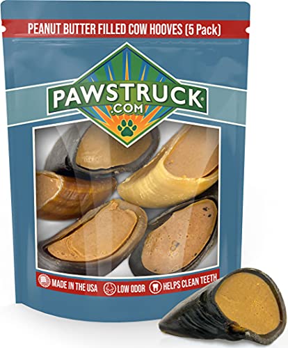 Pawstruck Cow Hooves for Dog Pet Food- Peanut Butter Filled, Made in The USA Bulk Dog Dental Treats & Dog Chews Beef Hoof, American Made (5 Peanut Butter Filled Hooves), 1.3 Pounds