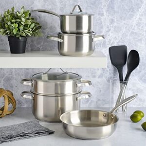 Kenmore Aiden 10 Piece Brushed Stainless Steel Pots and Pans Cookware Set with Kitchen Tools