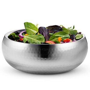 kook double-walled serving bowl, hammered insulated stainless steel, for hot and cold foods, salads, soups, fruit, large 1.05 gal capacity, silver, 11 inch