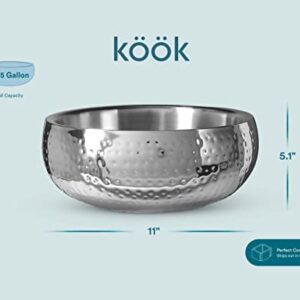 KooK Double-Walled Serving Bowl, Hammered Insulated Stainless Steel, For Hot and Cold Foods, Salads, Soups, Fruit, Large 1.05 Gal Capacity, Silver, 11 Inch