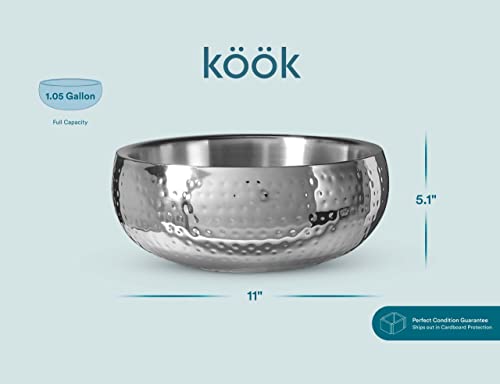 KooK Double-Walled Serving Bowl, Hammered Insulated Stainless Steel, For Hot and Cold Foods, Salads, Soups, Fruit, Large 1.05 Gal Capacity, Silver, 11 Inch