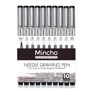 set of 10 black micro-pen fineliner ink pens, anti-bleed & waterproof archival ink,brush & calligraphy tip nibs - artist illustration, office documents, scrapbooking, technical drawing