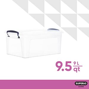 Superio Clear Storage Bin with Lid, Stackable Plastic Deep Storage Latch Box with Snap Lock Closure (9.5 Quart)