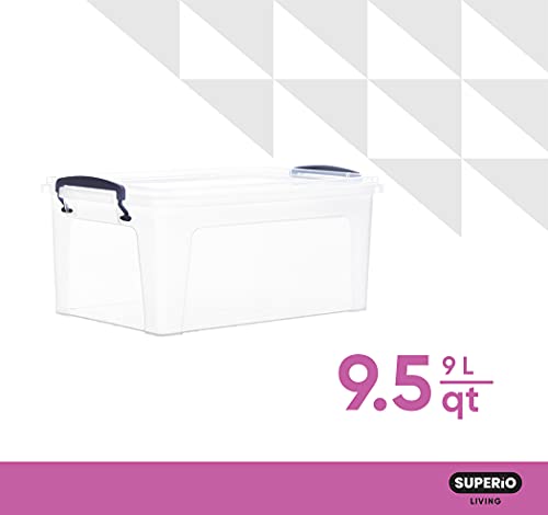 Superio Clear Storage Bin with Lid, Stackable Plastic Deep Storage Latch Box with Snap Lock Closure (9.5 Quart)