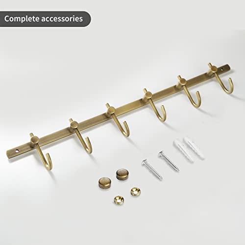 WINCASE Brass Hook Rack, Bathroom Towels Hooks Coat Rack, Antique Bath Wall Hook Vintage Mounted Brushed Brass 6 Hooks