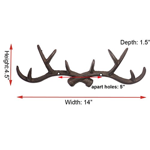 Chocolate 14 inch Vintage Rustic Cast Iron Deer Antlers Coat Rack Key Holder Jewellery Display Rack Bathroom Towels Hanger Rustic Cabin Hanger(with Screws)