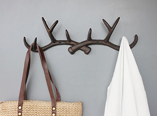 Chocolate 14 inch Vintage Rustic Cast Iron Deer Antlers Coat Rack Key Holder Jewellery Display Rack Bathroom Towels Hanger Rustic Cabin Hanger(with Screws)