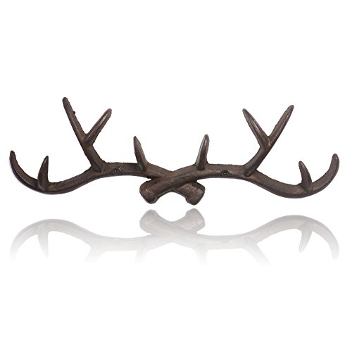 Chocolate 14 inch Vintage Rustic Cast Iron Deer Antlers Coat Rack Key Holder Jewellery Display Rack Bathroom Towels Hanger Rustic Cabin Hanger(with Screws)