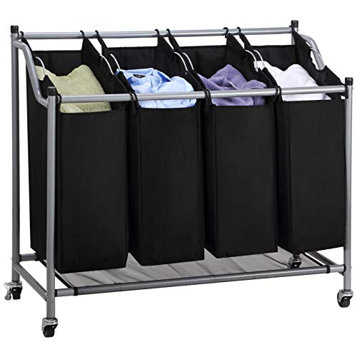 Laundry Sorter Cart 4-Bag Classics Rolling Laundry Hamper, Sturdy Frame with 60KG Weight Capacity, Black