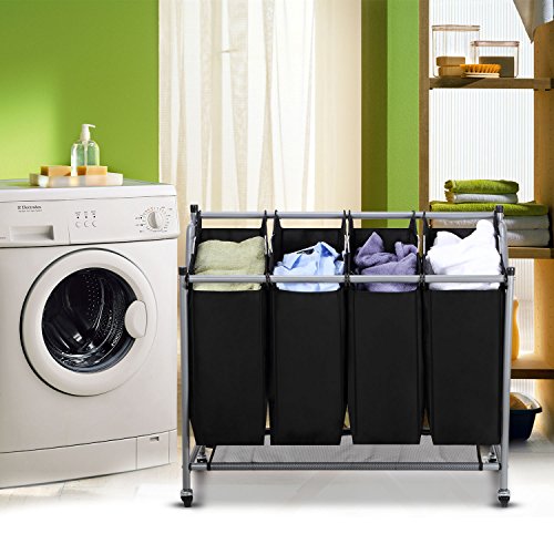 Laundry Sorter Cart 4-Bag Classics Rolling Laundry Hamper, Sturdy Frame with 60KG Weight Capacity, Black