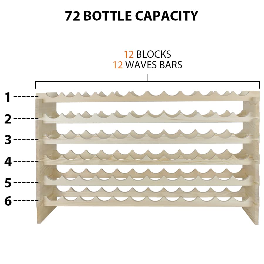 Smartxchoices Stackable Modular Wine Rack 72 Slots Floor Wine Storage Stand Wooden Wine Holder Display Shelves 72 Slots, Wobble-Free, Solid Wood, Free Standing (Six-Tier, 72 Bottle Capacity) (Wood)