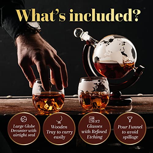 Kemstood Whiskey Decanter Set - Etched World Globe Whiskey Decanter Sets for Men with 2 Glasses in Gift Box - Whiskey Gifts for Men - Home Bar Accessories for Alcohol Drinks- Fathers Day