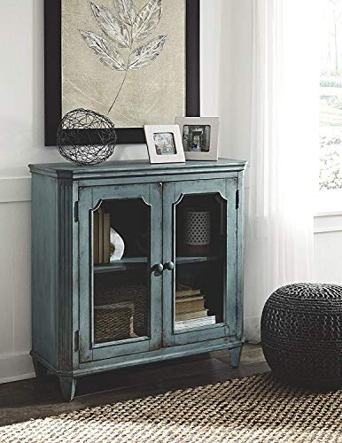 Signature Design by Ashley Mirimyn Vintage 36" 2-Door Accent Cabinet with Glass Inlay and Adjustable Shelf, Blue