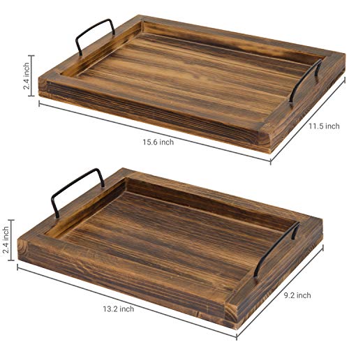 MyGift Rustic Burnt Wood Decorative Tray with Handles, Rectangular Breakfast Ottoman Serving Tray, Set of 2