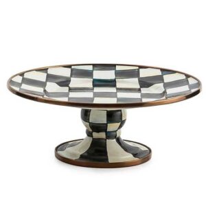 mackenzie-childs courtly check enamel pedestal platter, round cake stand, mini