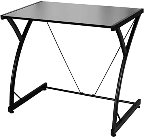 Tangkula Computer Desk Writing Table with Glass Top, Z-Shape Iron Frame Study Writing Desk with Adjustable Feet, Simple Laptop Desk Home Office Desk Computer Workstation