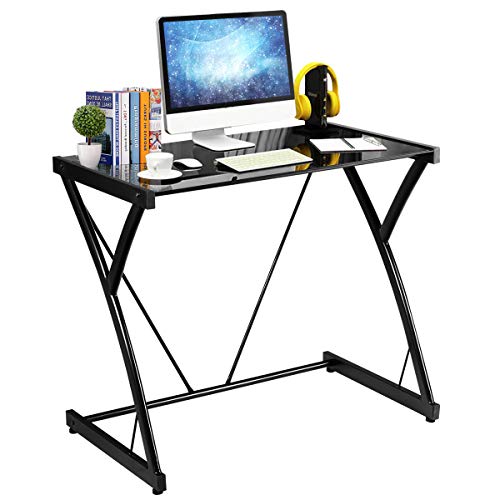 Tangkula Computer Desk Writing Table with Glass Top, Z-Shape Iron Frame Study Writing Desk with Adjustable Feet, Simple Laptop Desk Home Office Desk Computer Workstation