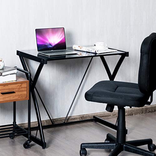 Tangkula Computer Desk Writing Table with Glass Top, Z-Shape Iron Frame Study Writing Desk with Adjustable Feet, Simple Laptop Desk Home Office Desk Computer Workstation