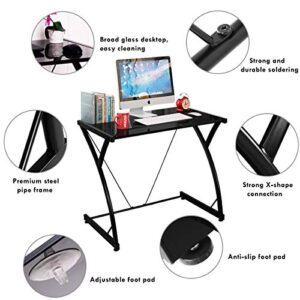 Tangkula Computer Desk Writing Table with Glass Top, Z-Shape Iron Frame Study Writing Desk with Adjustable Feet, Simple Laptop Desk Home Office Desk Computer Workstation