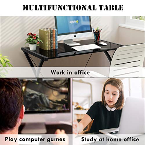 Tangkula Computer Desk Writing Table with Glass Top, Z-Shape Iron Frame Study Writing Desk with Adjustable Feet, Simple Laptop Desk Home Office Desk Computer Workstation